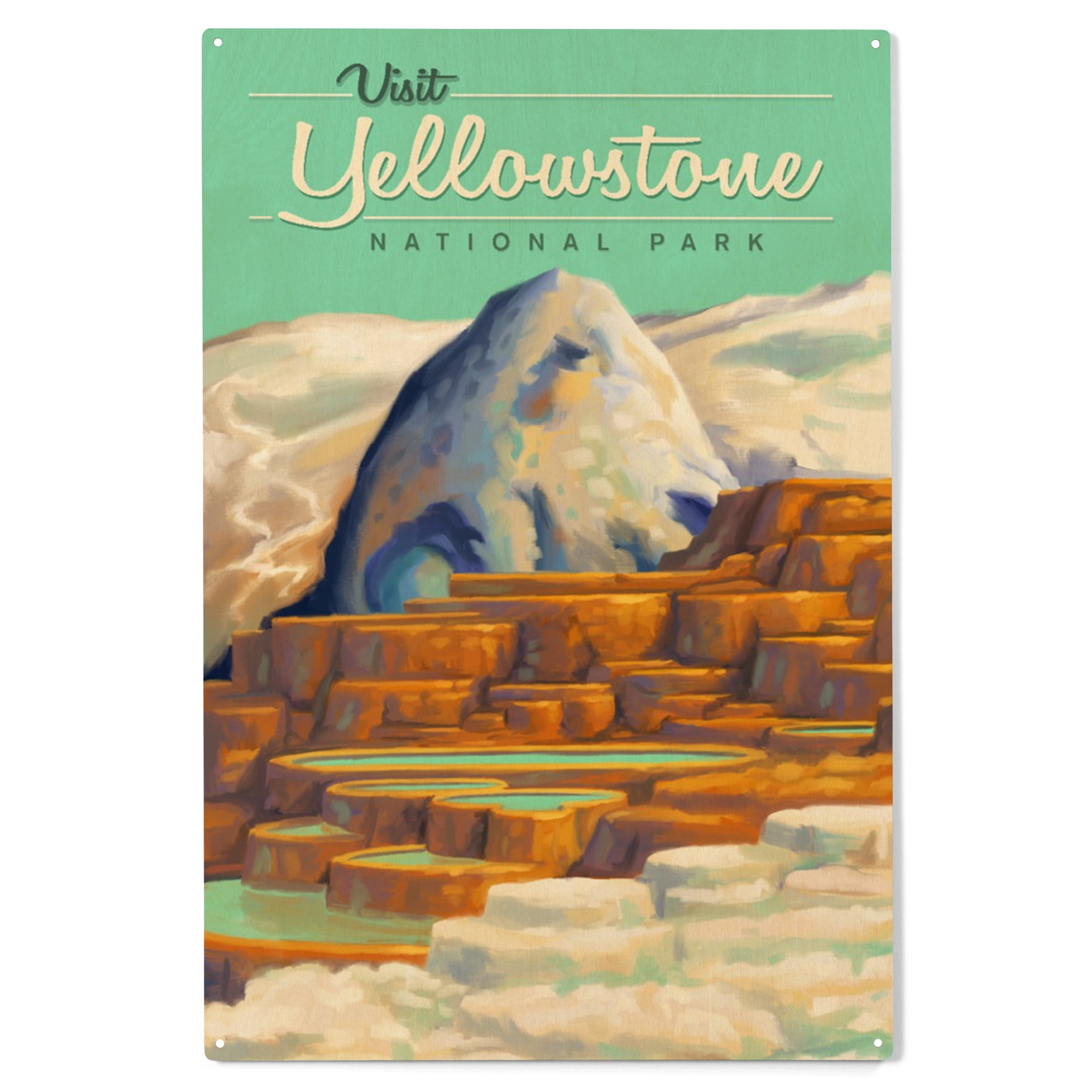 Yellowstone National Park, Oil Painting, Mammoth Geyser Birch Wood Wall ...