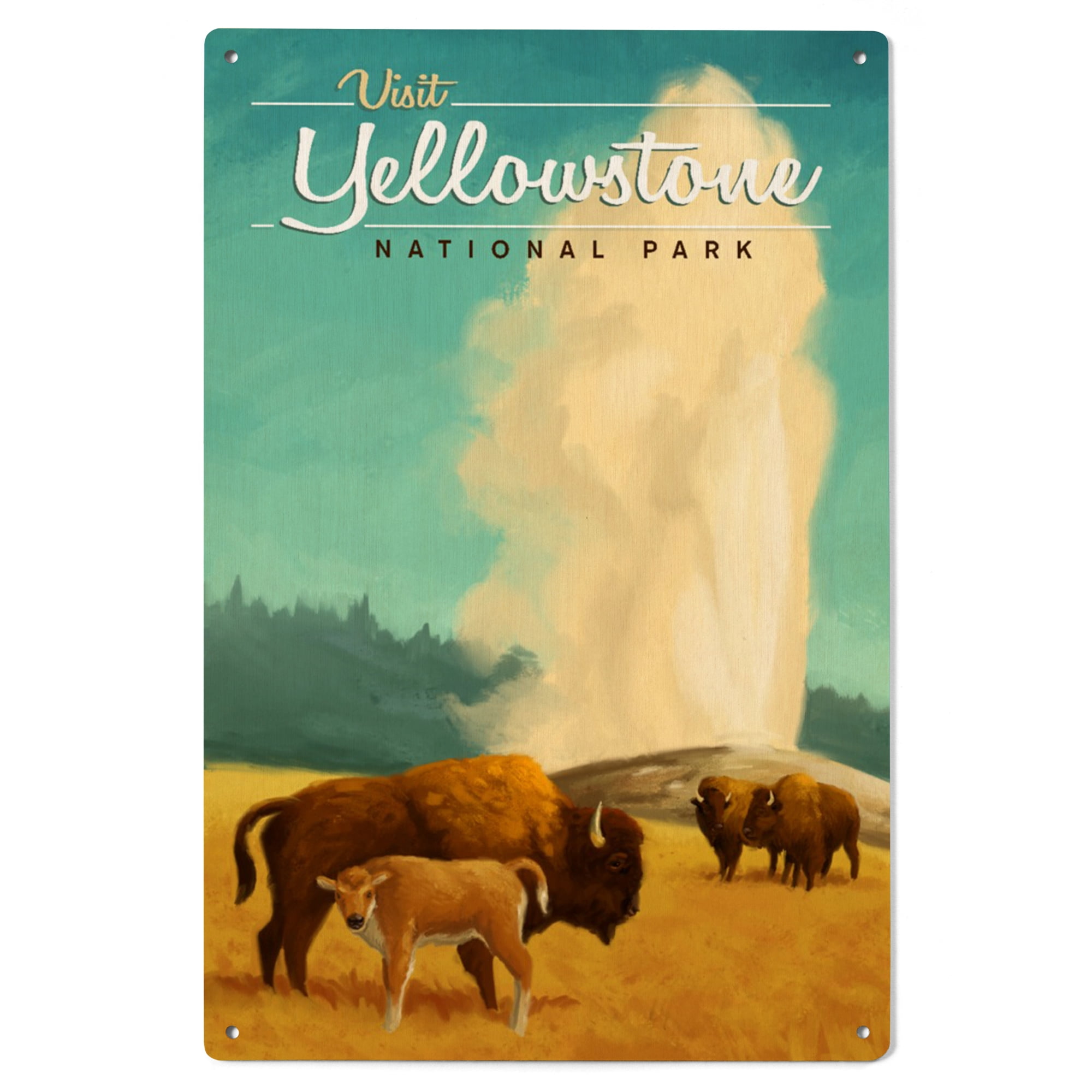 Yellowstone National Park, Oil Painting, Old Faithful and Bison Birch ...