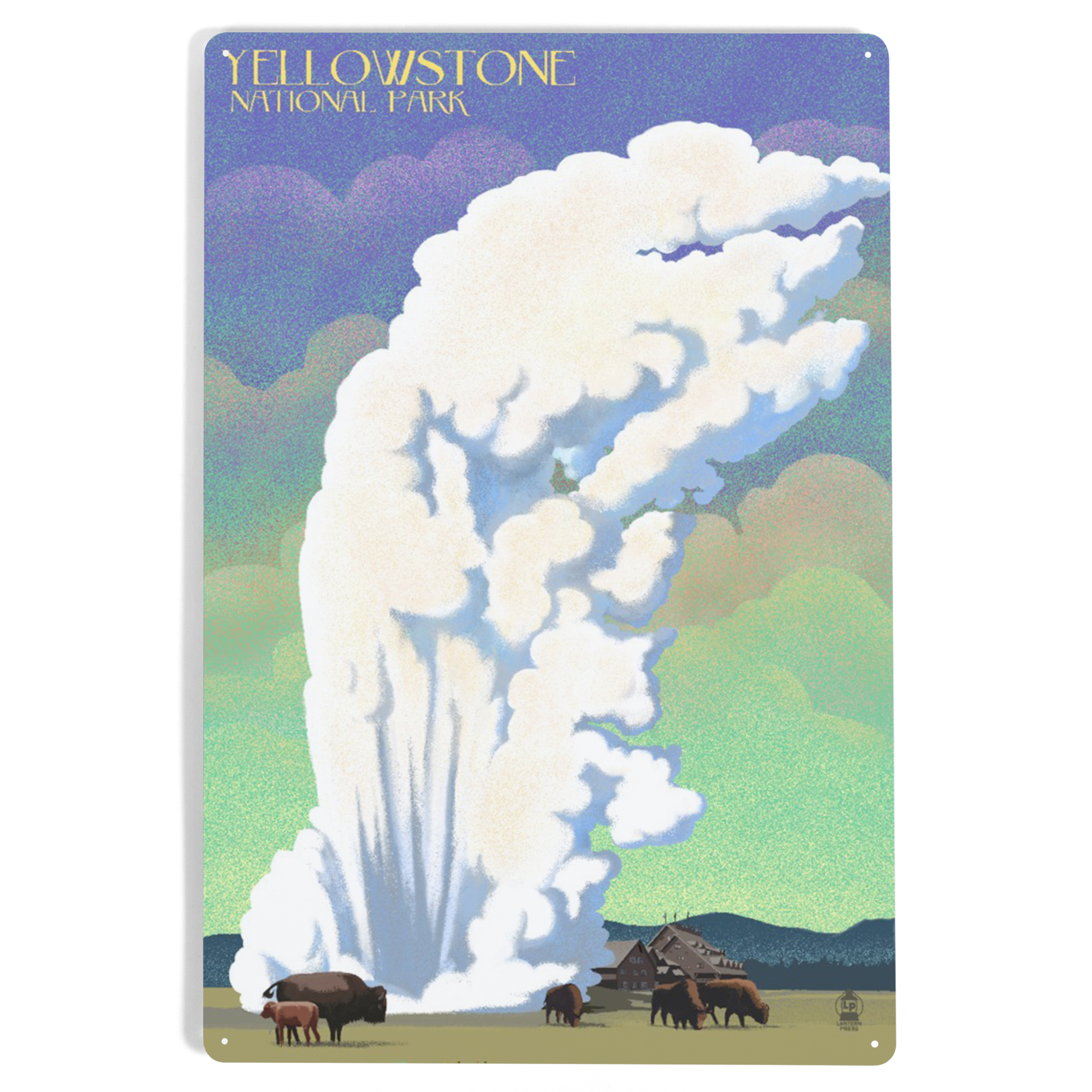 Yellowstone National Park, Old Faithful and Bison, Lithograph (12x18 ...