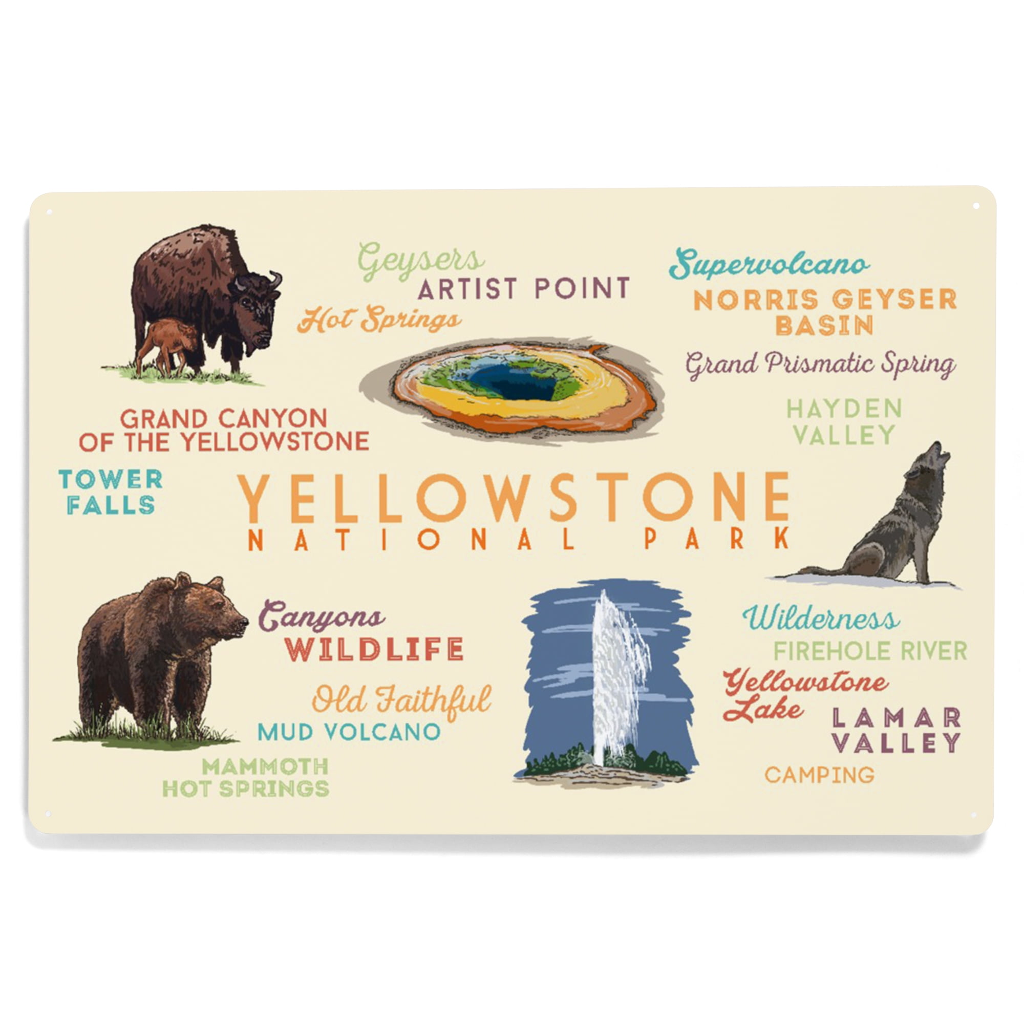 Yellowstone National Park, Typography and Icons (12x18 Aluminum Art ...