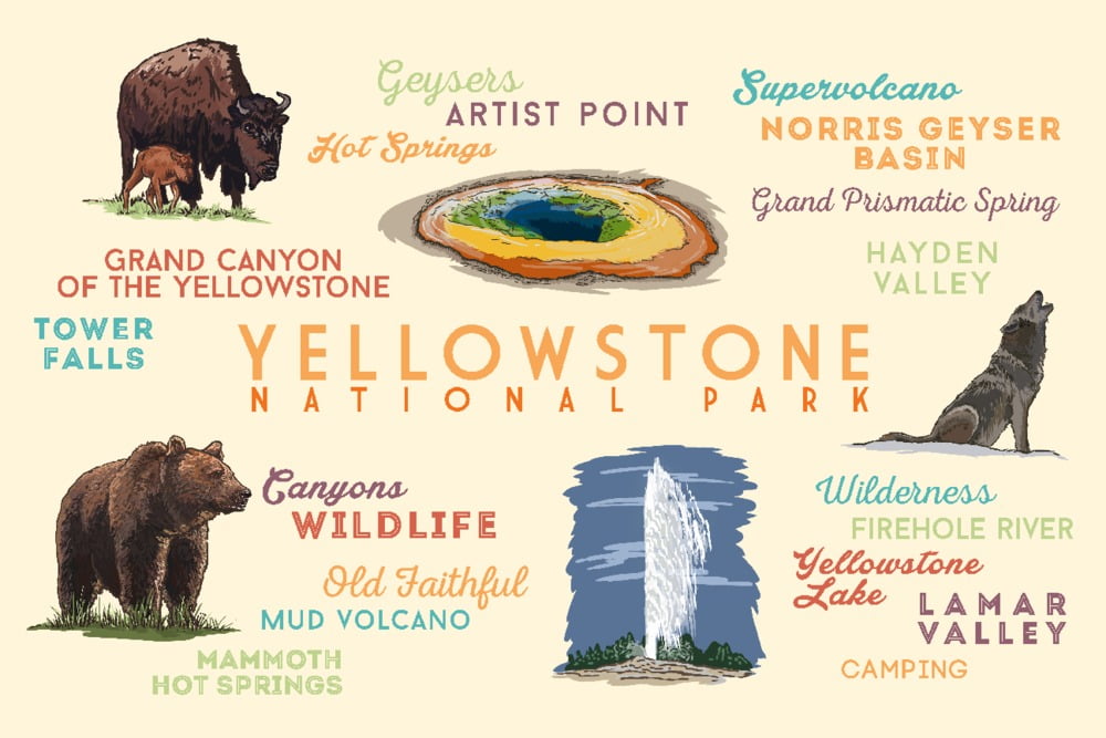 Yellowstone National Park, Typography and Icons (12x18 Wall Art Poster ...