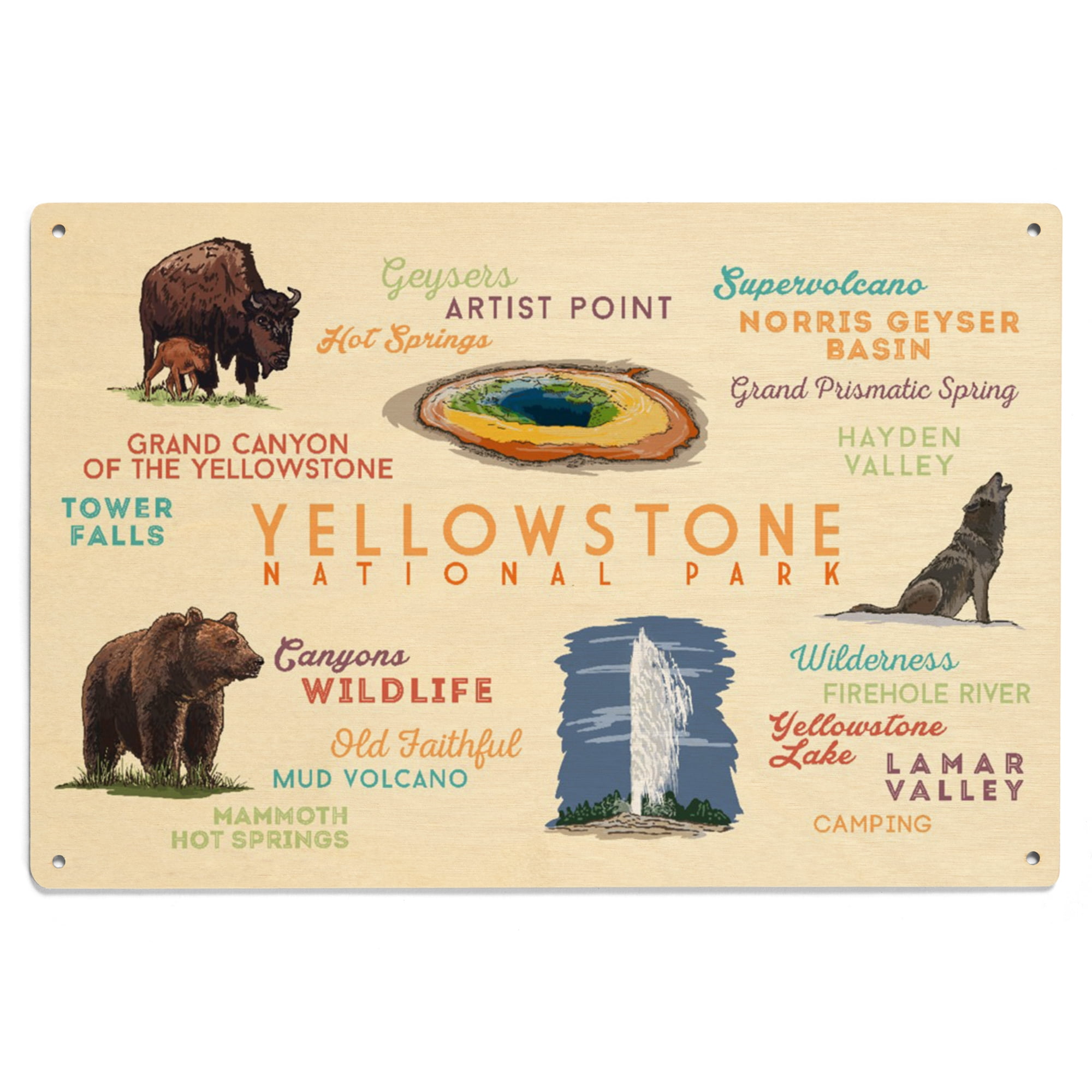Yellowstone National Park, Typography and Icons Birch Wood Wall Sign ...