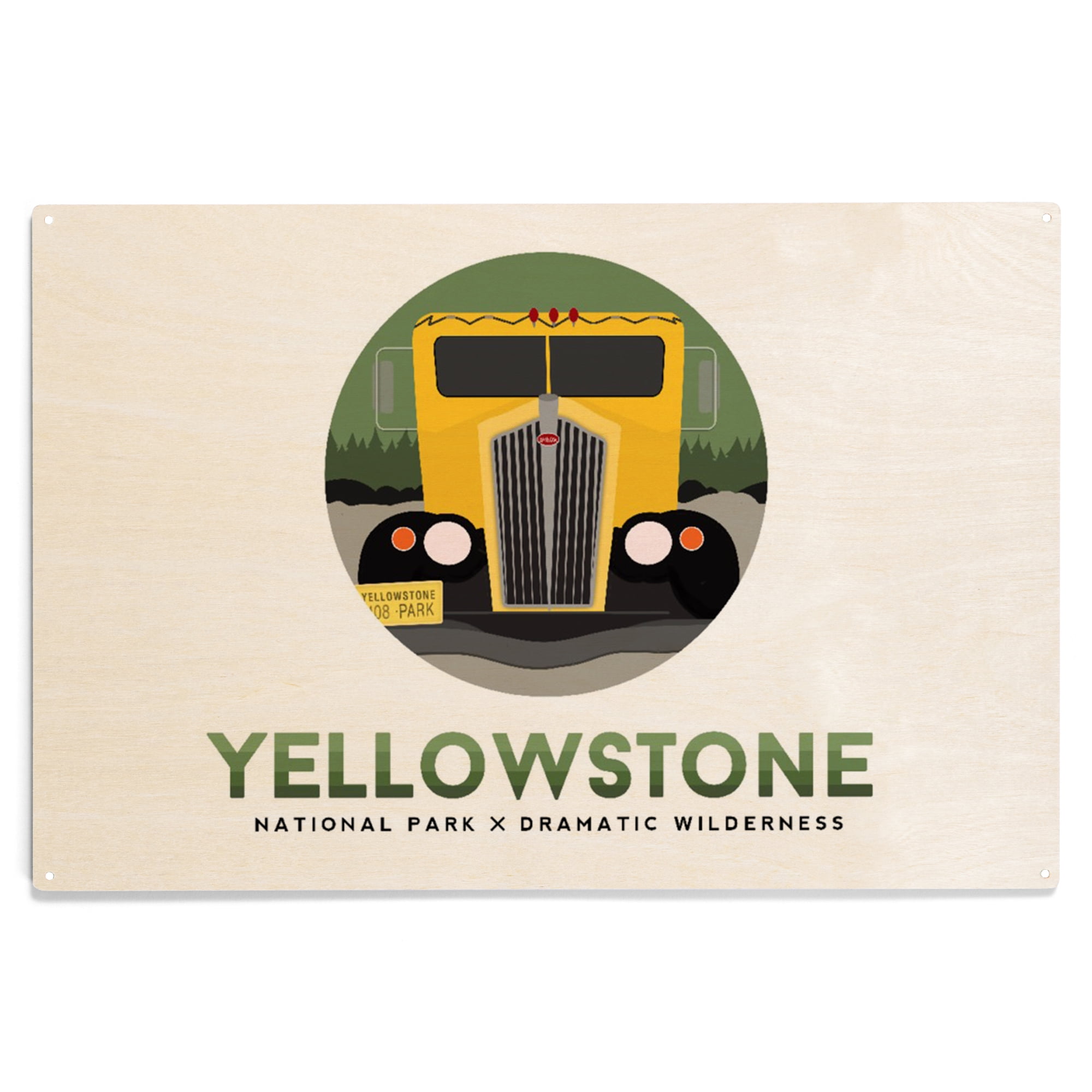 Yellowstone National Park, Yellow Bus Circle Birch Wood Wall Sign ...
