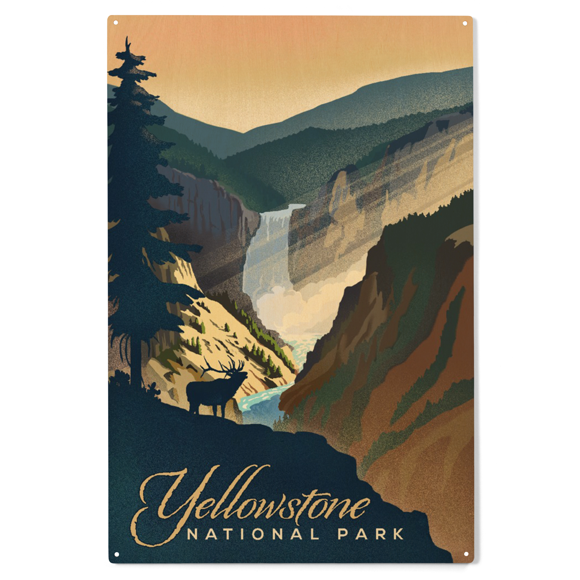 Yellowstone National Park, Yellowstone Falls, Lithograph Birch Wood ...