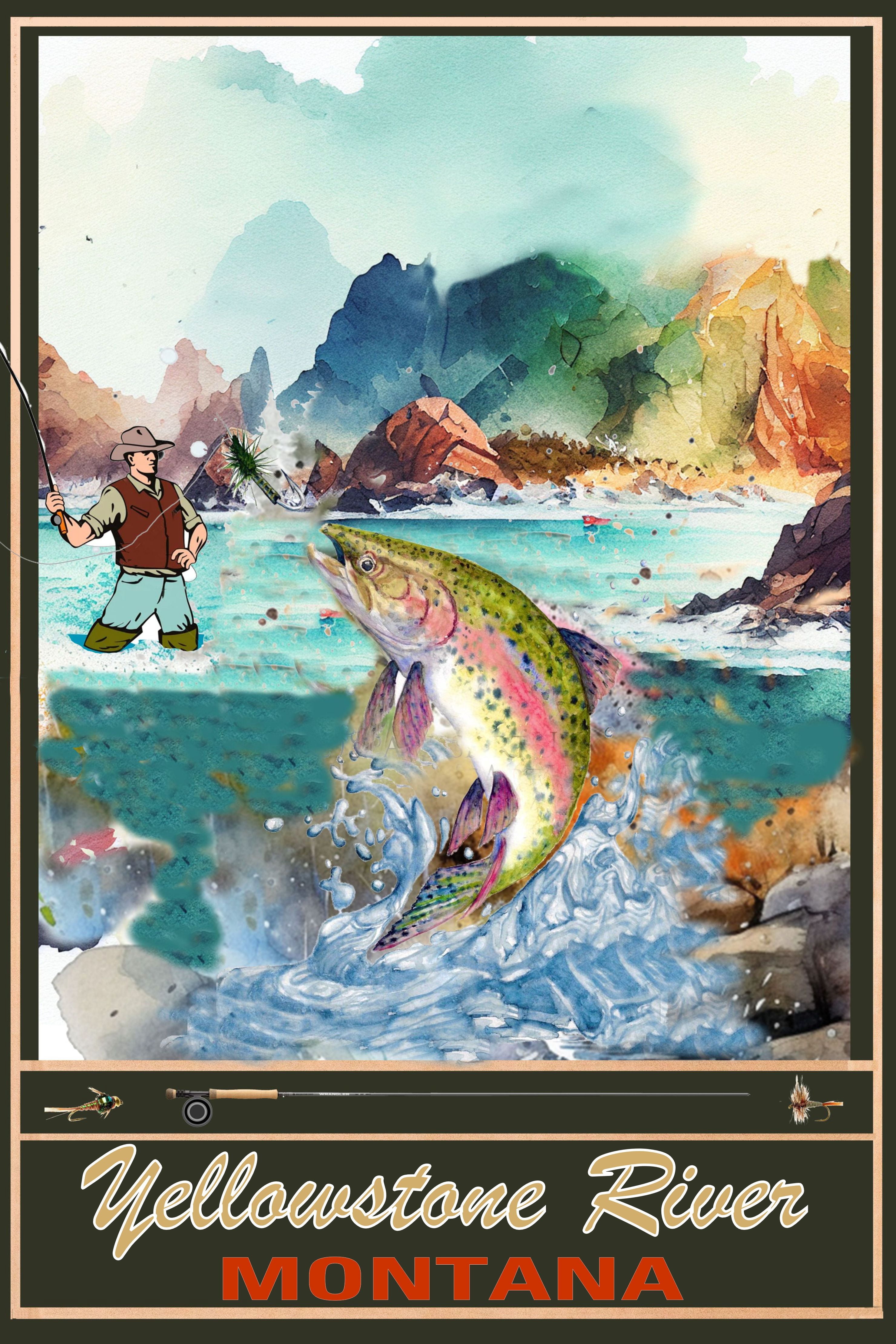 Yellowstone River Trout Fishing In Montana Travel Poster Mountains ...