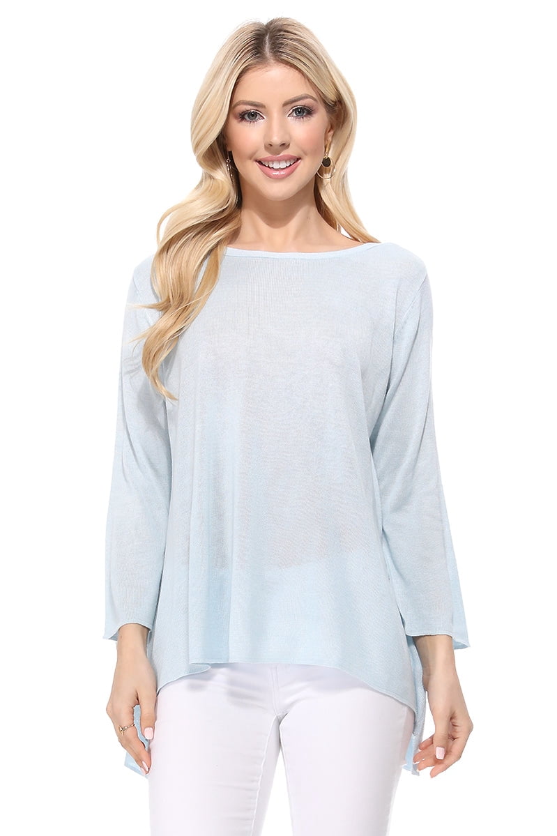 Yemak Women's Semi Sheer Boat Neck Knit Top with Side Vent MK8139-LBL-L ...