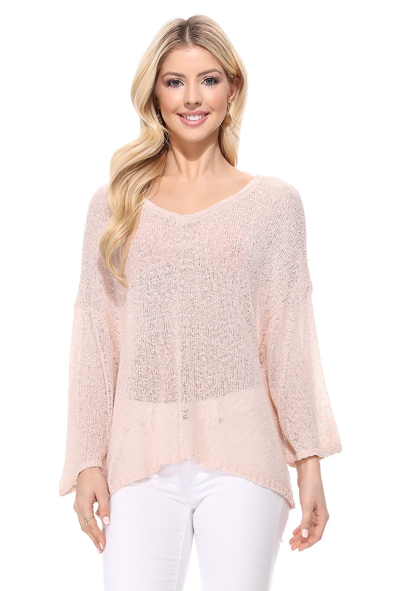 Yemak Women's Semi Sheer Open Back Batwing Sleeve Loose Knit Top Blush ...