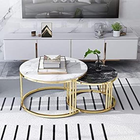 Yendeco Coffee Table Stacking Set of 2 Centre Table Round Marble Look ...