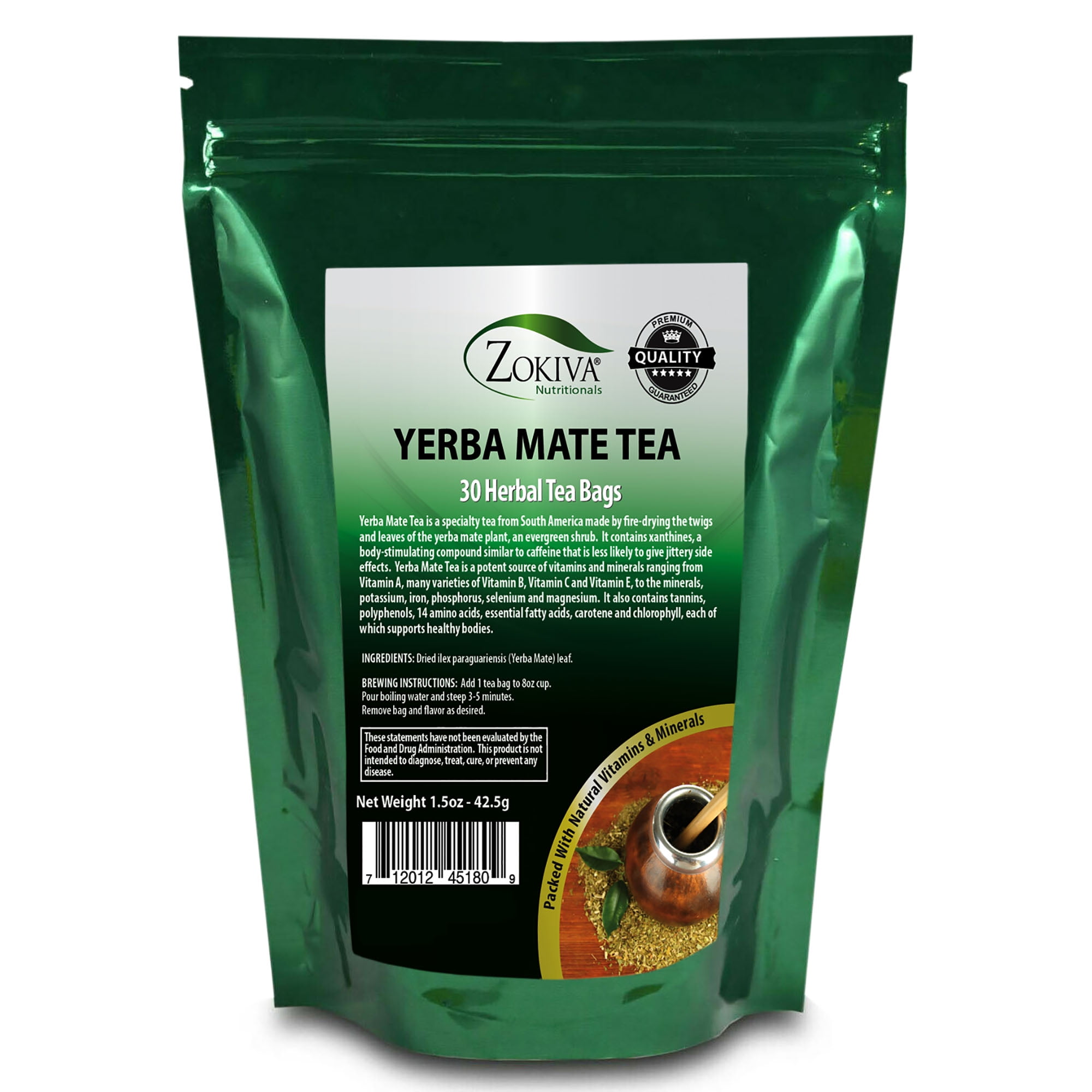 Zokiva Yerba Mate Tea, 100% Pure, 30 Premium Bags, Resealable Zip Pouch ...