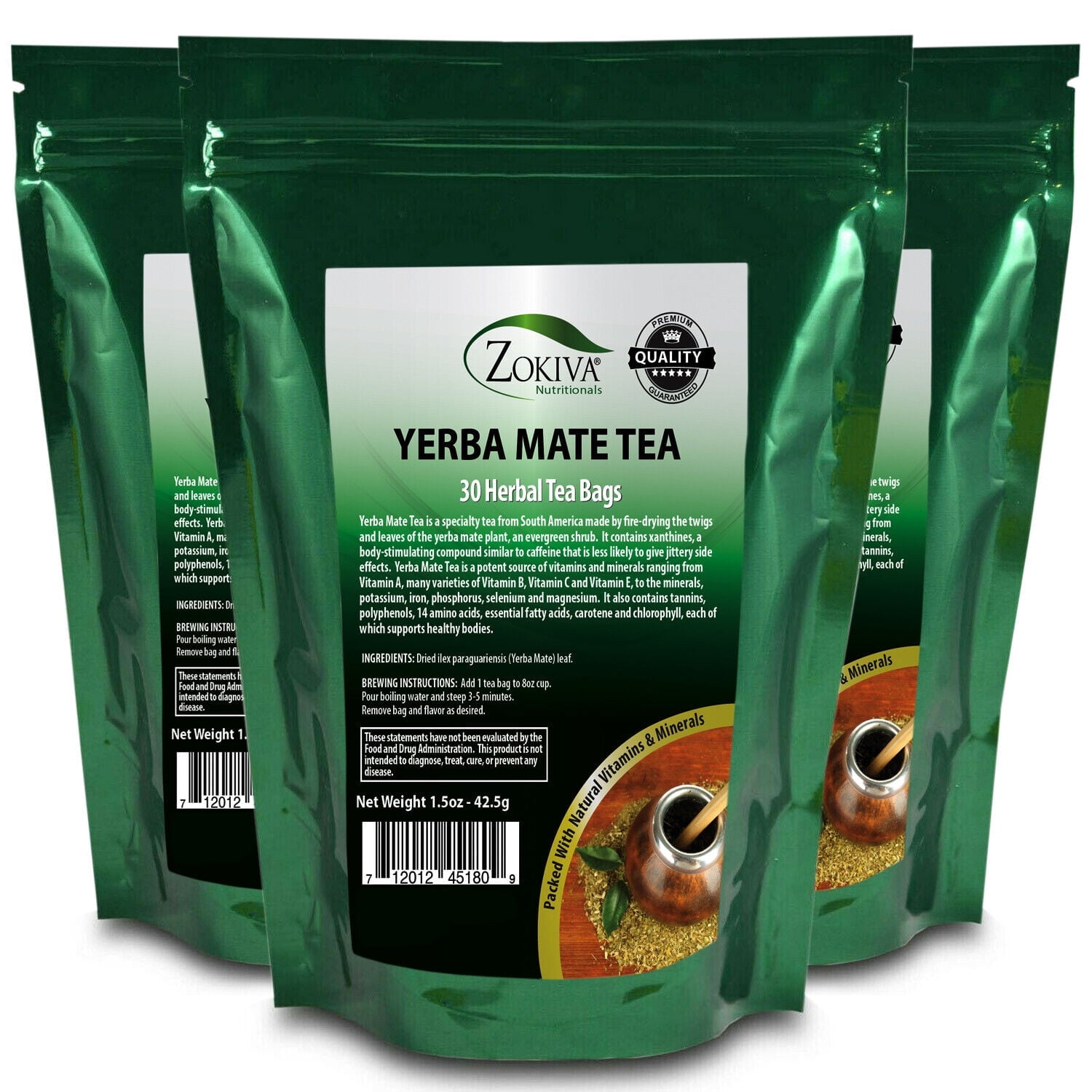 Yerba Mate Tea Bags 3-Pack (30 Bags) - 100% Pure All-Natural Premium ...