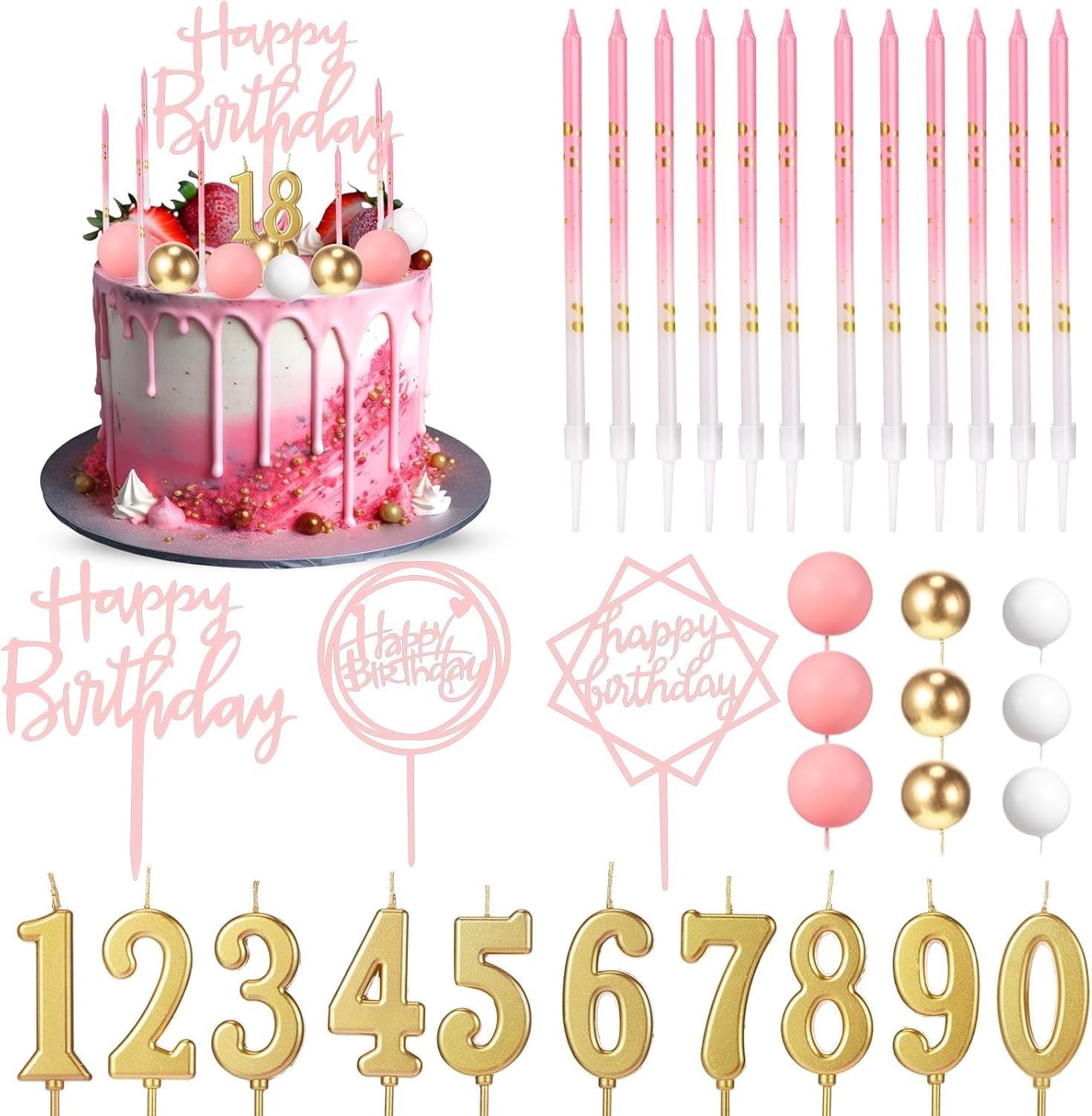 Yerliker 34 Pcs Birthday Candles Cake Toppers for Men Women with 12 ...