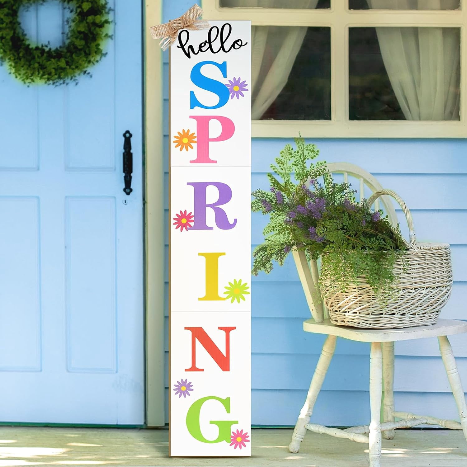 Yerliker Hello Spring Wooden Porch Sign 47" Large Flower Wooden Welcome ...