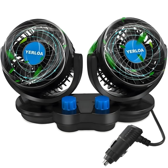 Yerloa 12V Dual Head Car Fan, 360° Rotatable Electric Fan, 2-Speed ...