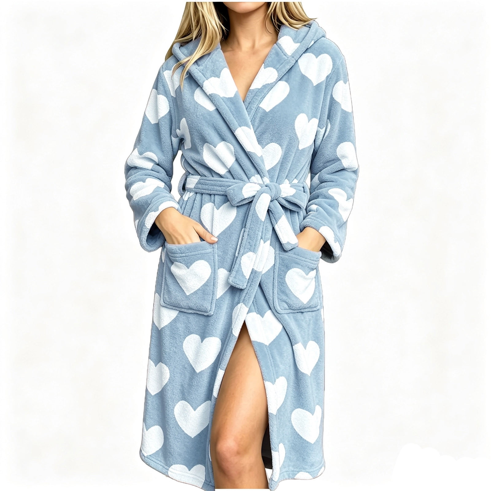 Yertdoel Plush Robes for Women Heart Print Lace Up Tapered Waist Fleece ...