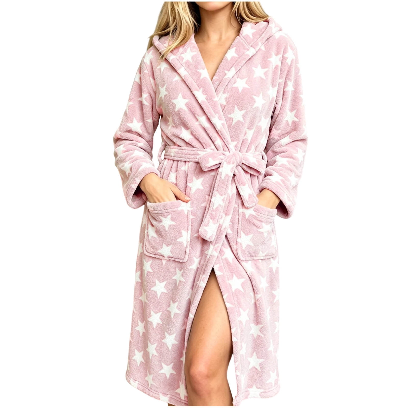 Yertdoel Plush Robes for Women Star Print Lace Up Tapered Waist Fleece ...