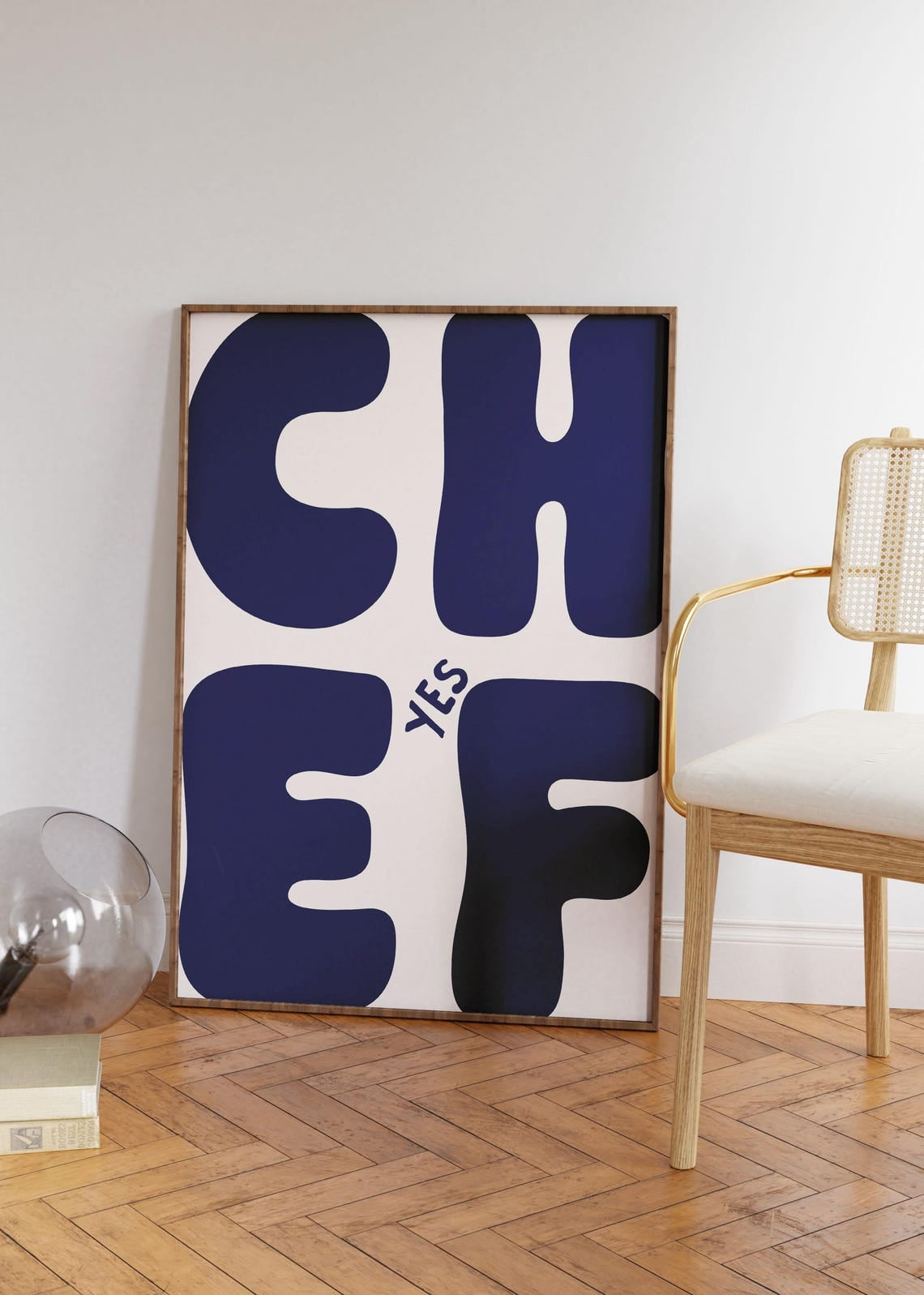 Yes Chef Art Poster, Retro Bold Navy Blue Typography Kitchen Poster ...