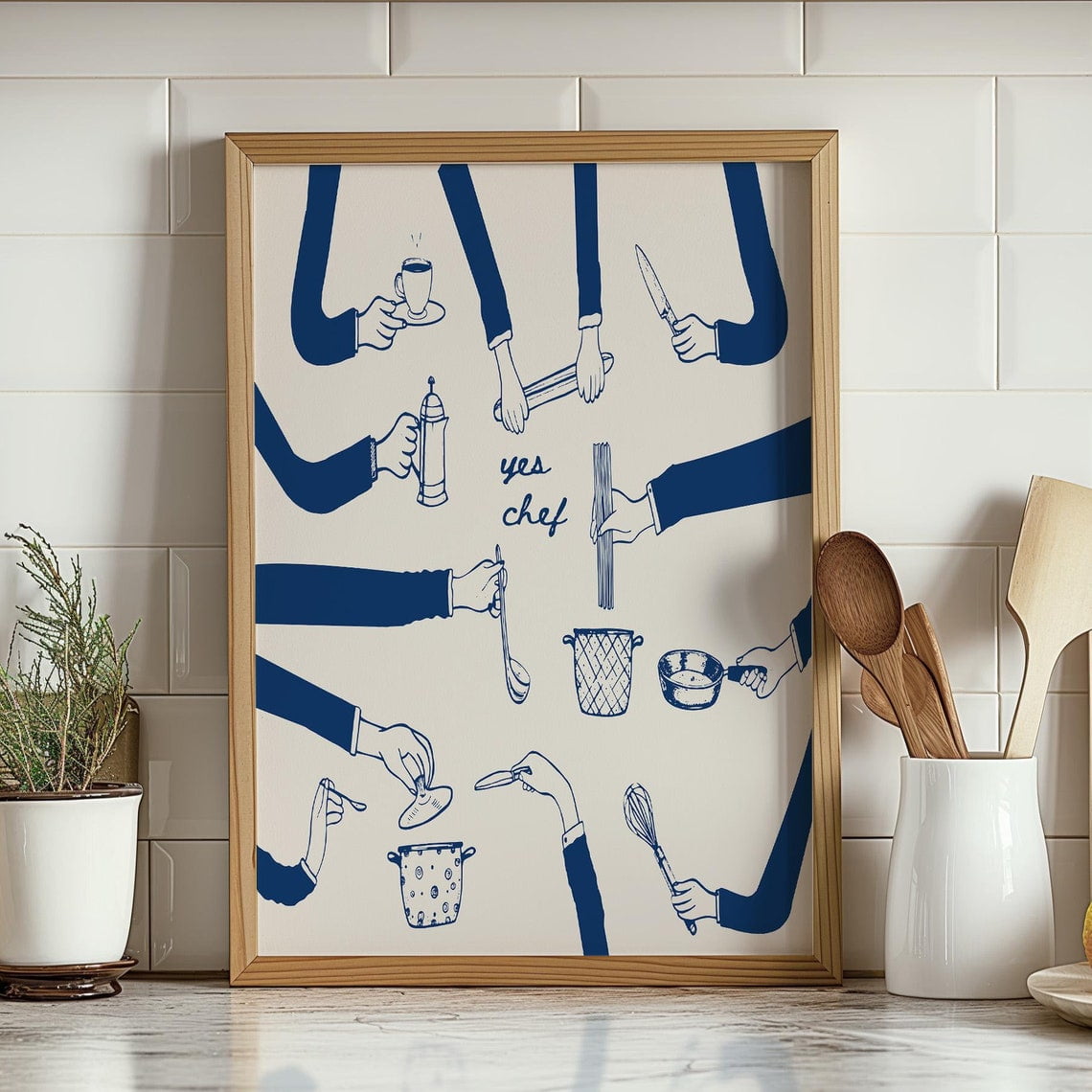 Yes Chef Blue Retro Kitchen Wall Art Print, Food Poster, Cooking Hands ...