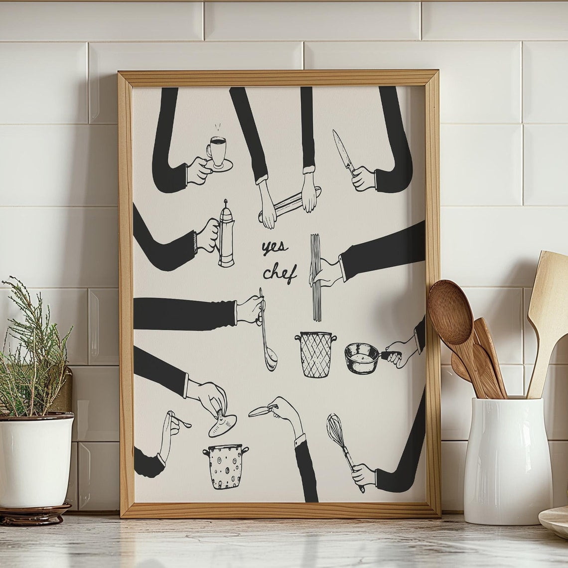 Yes Chef Retro Kitchen Wall Art Print, Food Poster, Cooking Hands Print ...