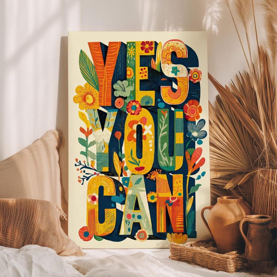 Yes You Can Colorful Floral Typography Wall Art Poster Or Print, Bold ...