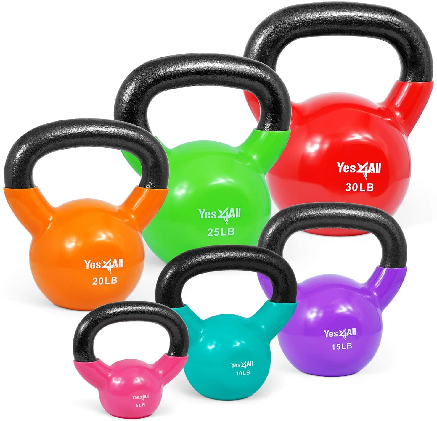 Yes4All 105 lb Vinyl Coated / PVC Kettlebell, Multicolor, Combo / Set, Includes 5-30lb - Walmart.com