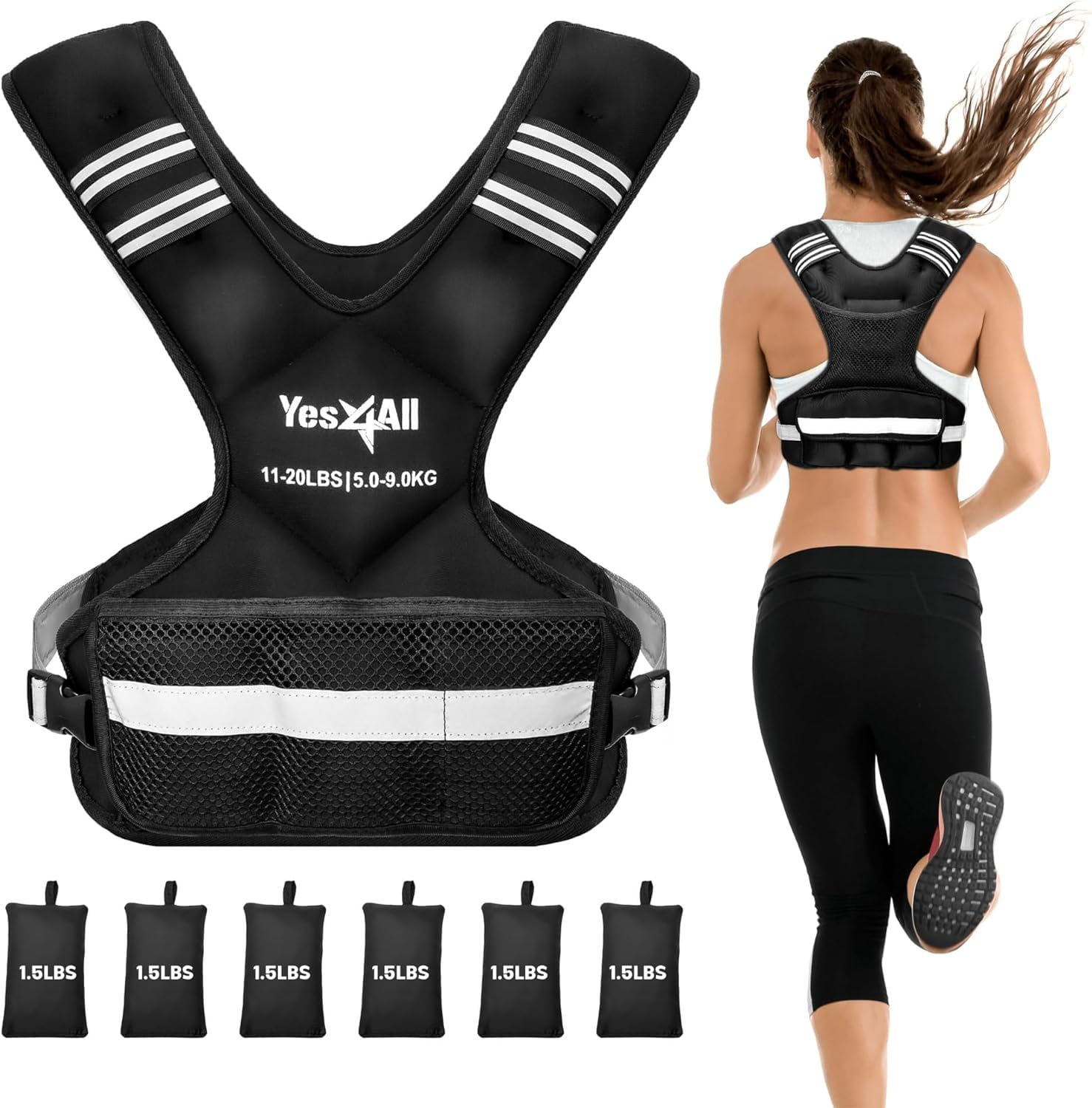 Yes4All Adjustable Weighted Vest 11-20 lbs, Reflective Strip, Running ...