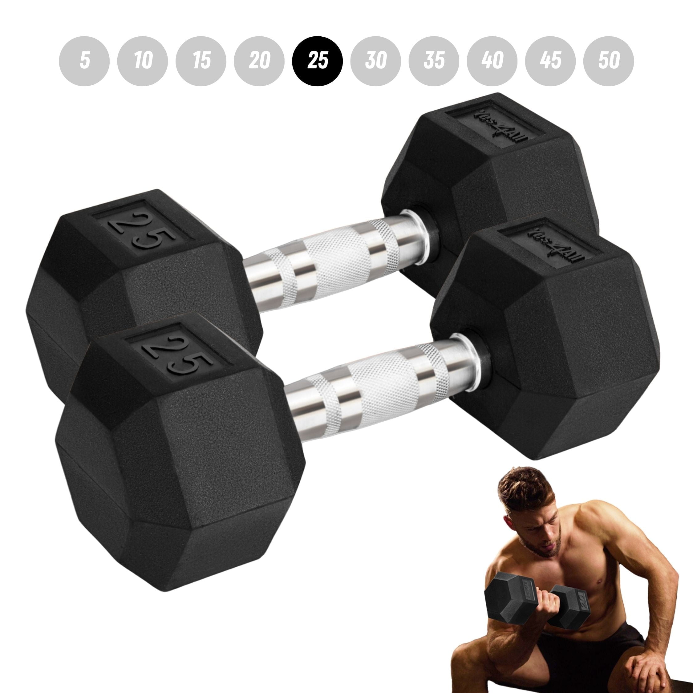 Yes4All, Dumbbells, 25 LBS, Rubber Encased Hex Set of Two - Walmart.com