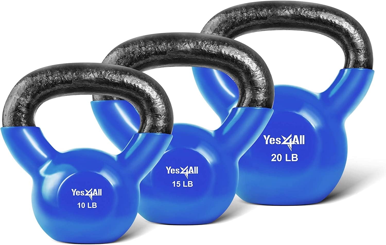 Free Shipping! Yes4All 45 lb Vinyl Coated / PVC Kettlebell, Blue, Combo / Set, Includes 10-20lb ...