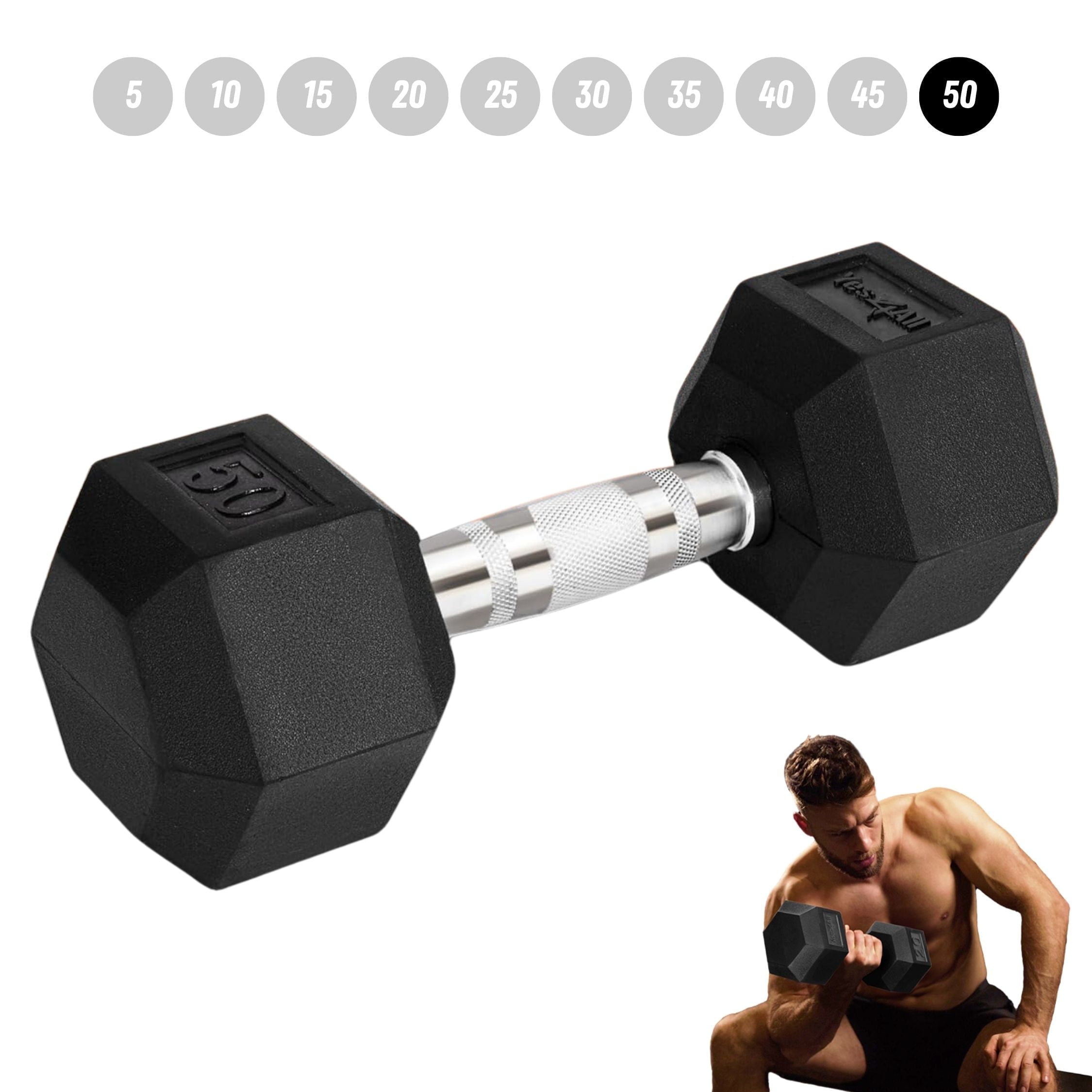 Yes4All 50 LBS Rubber Encased Hex Dumbbells with Durable Chrome Grip ...