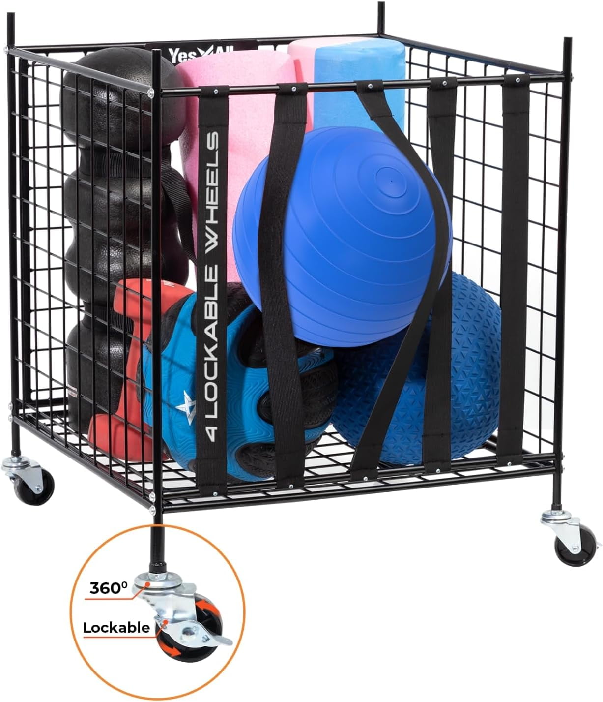 Yes4All Ball Storage Cart Rolling Ball Storage Garage with Lockable ...