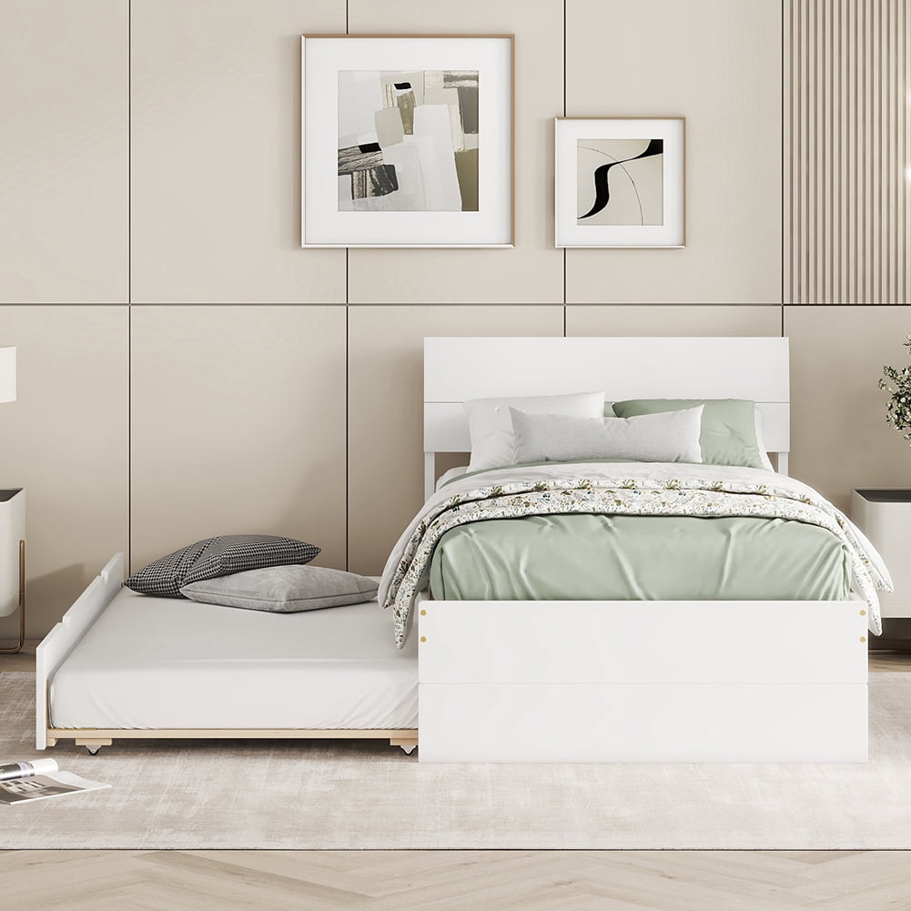 YesFashion Modern Twin Bed Frame with Twin Trundle, Solid Wood Platform ...