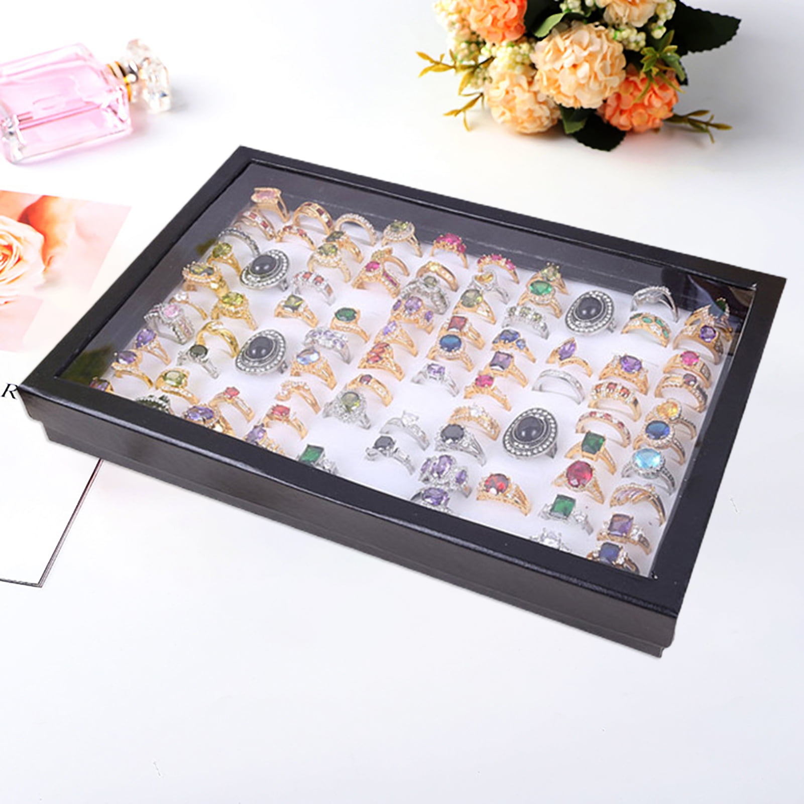 Yesbay 100Slots Ring Display Box Transparent Lid Large Capacity ...