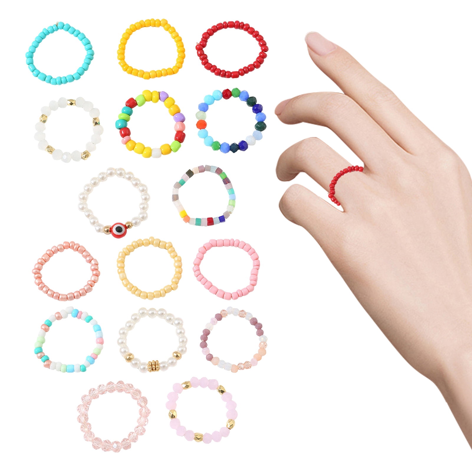 Yesbay 8 Pcs Women Ring Set Colorful Beads Faux Pearl Faux Crystal ...