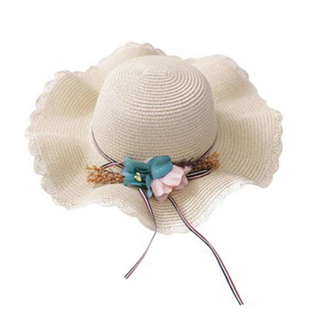 Yesbay Girls Flower Straw Weaving Wide Brim Summer Beach Cap Sun Floppy ...