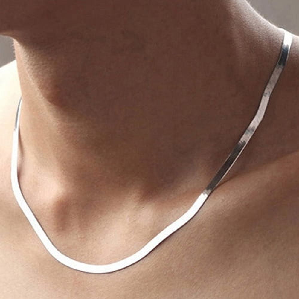 Yesbay Women Men Simple Silver Plated Flat Gift Snake Chain Herringbone Choker Necklace Necklace