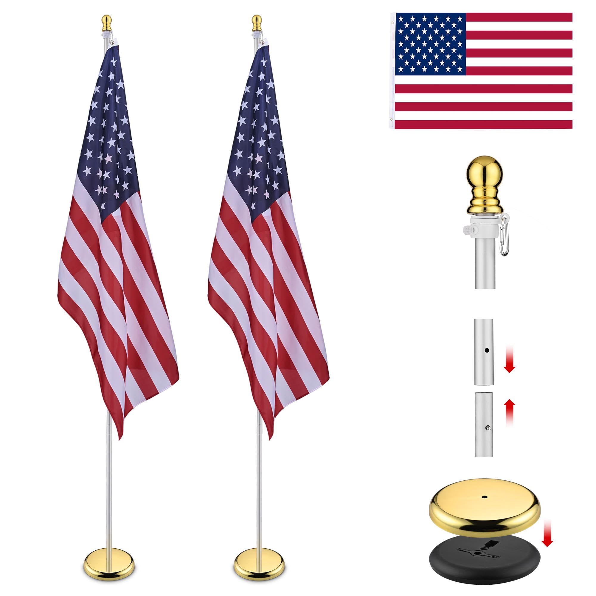 Yescom 2 Pack 8FT Sectional Indoor Flag Pole Kit Aluminum Silver Pole ...