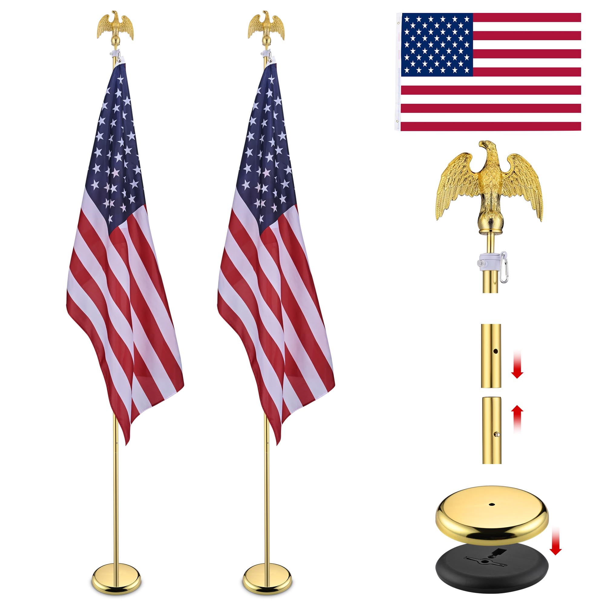 Yescom American Flagpole Set, 2 Pack 8FT Sectional Indoor Kit with ...