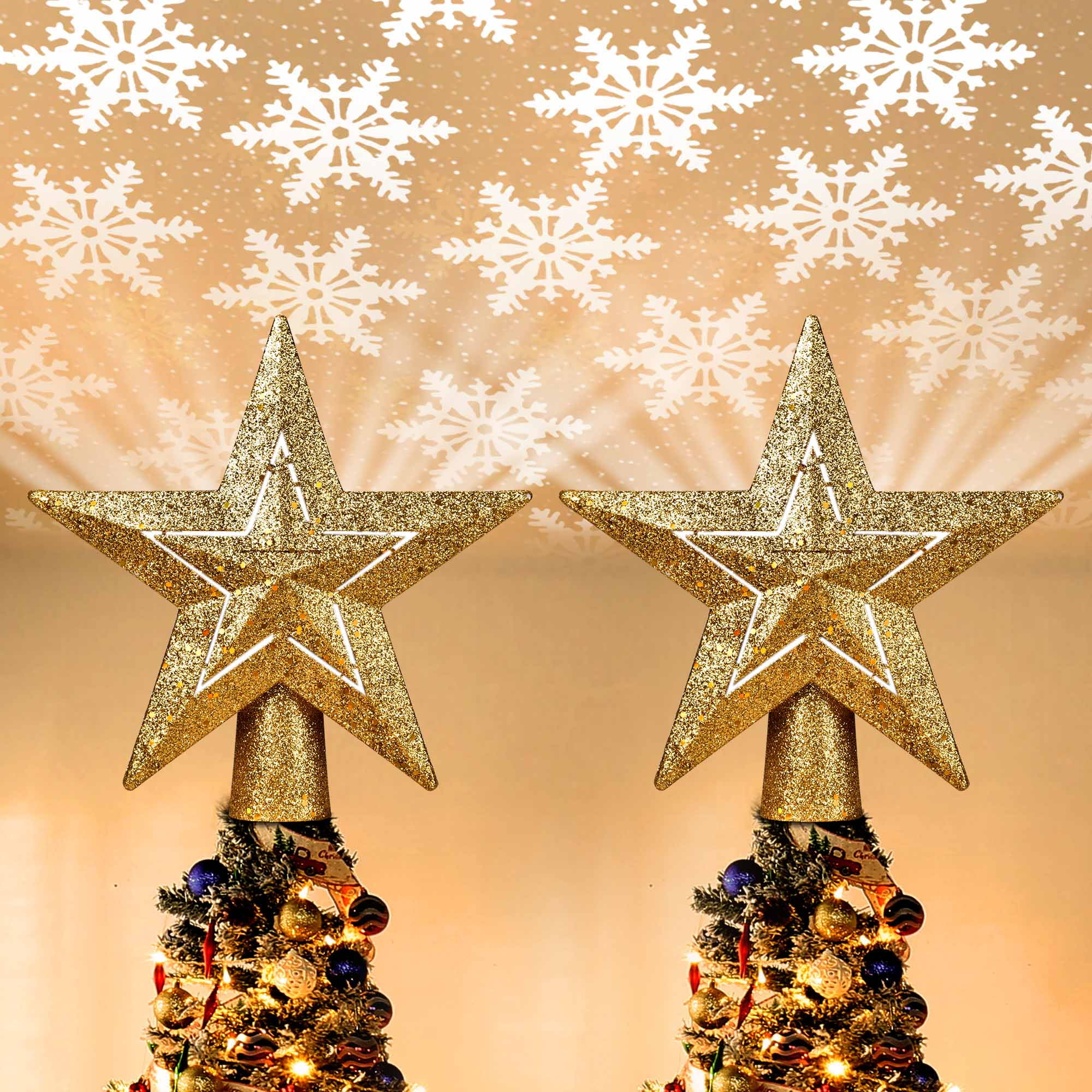 Yescom 2 Pack Xmars New Year Tree Topper Star, 3D Snowflake Rotating ...