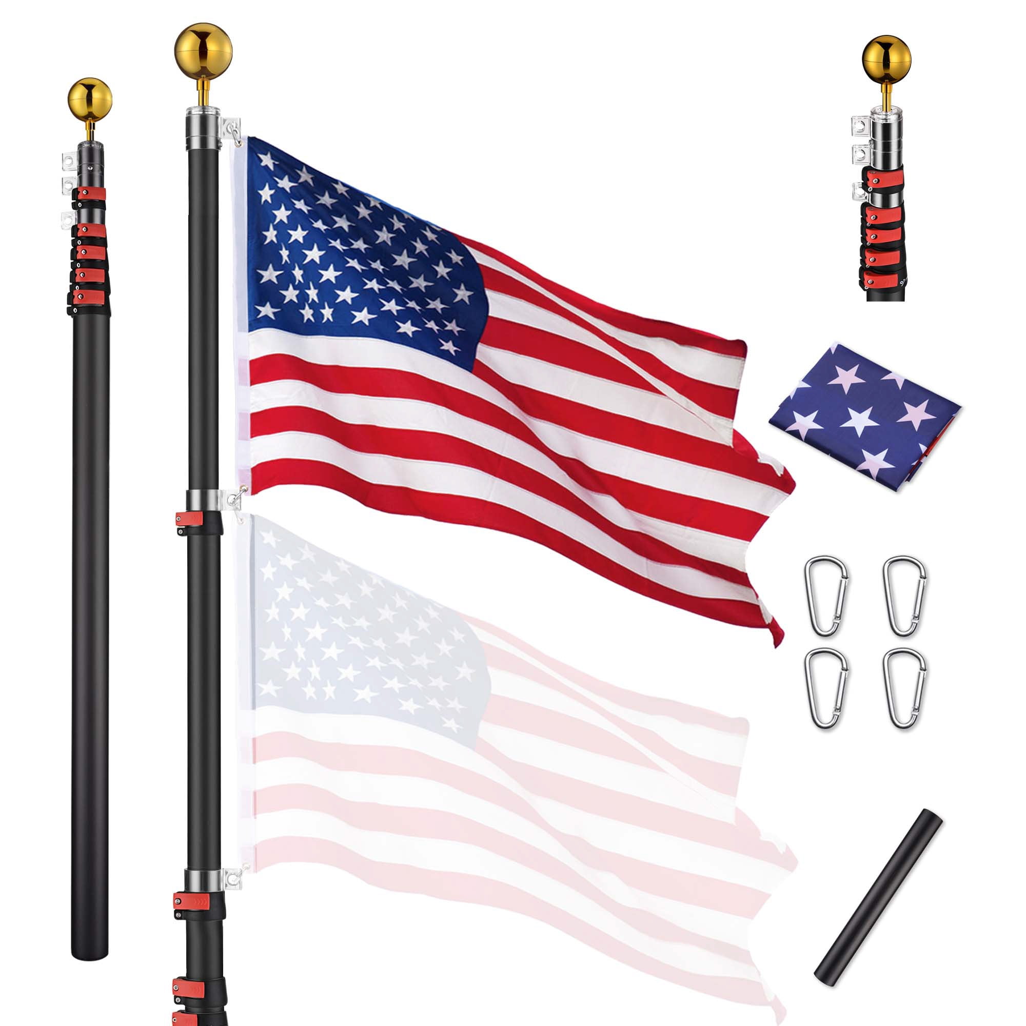 Yescom 20Ft Telescopic Flagpole Kit, 3'x5' US Flag, 16 Gauge Aluminum ...