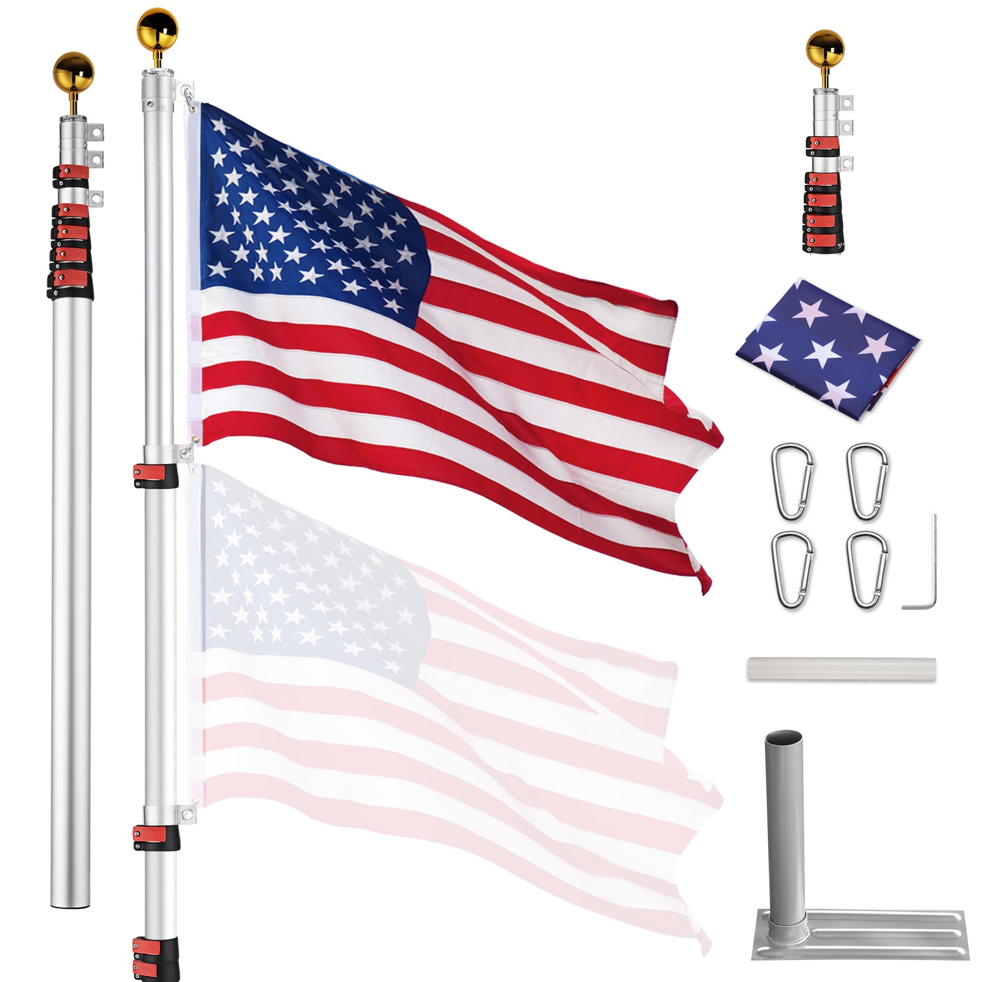 Yescom 20ft Telescopic Aluminum Flag Pole + Wheel Tire Mount Stand Kit ...