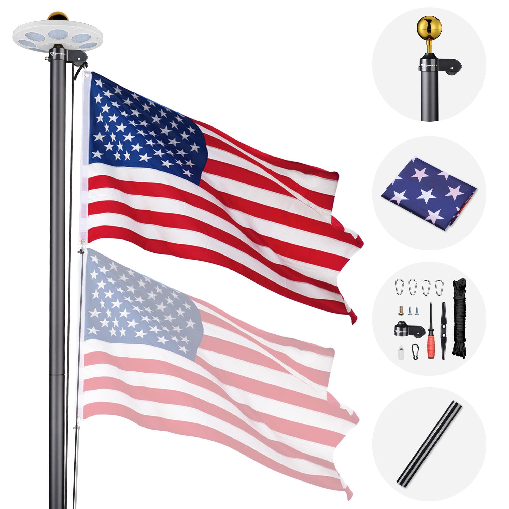 Yescom 30Ft Black Sectional Aluminum Flagpole Kit with 136 LED Solar ...
