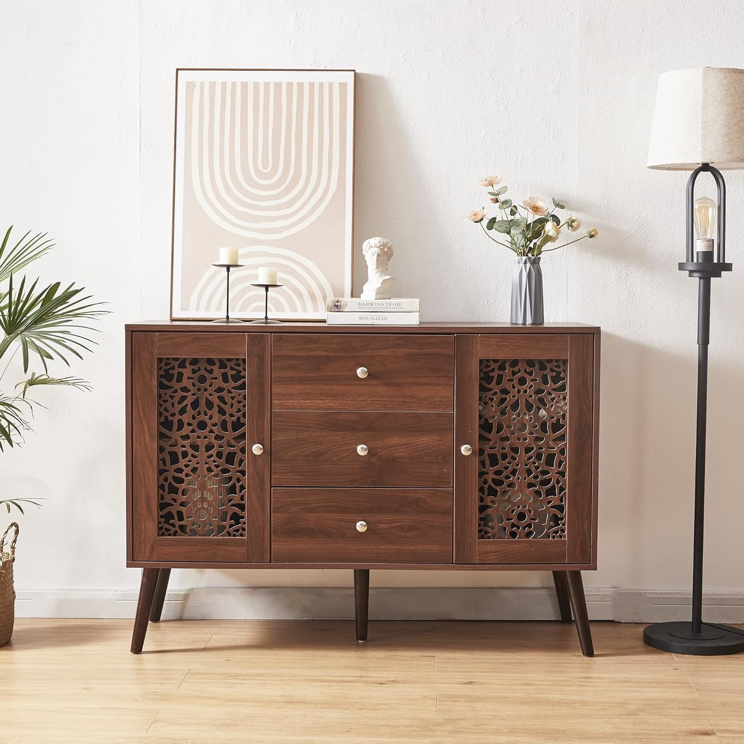 48" Hollow-Carved Accent Cabinet, Sideboard Coffee Bar Cabinets with 3 ...