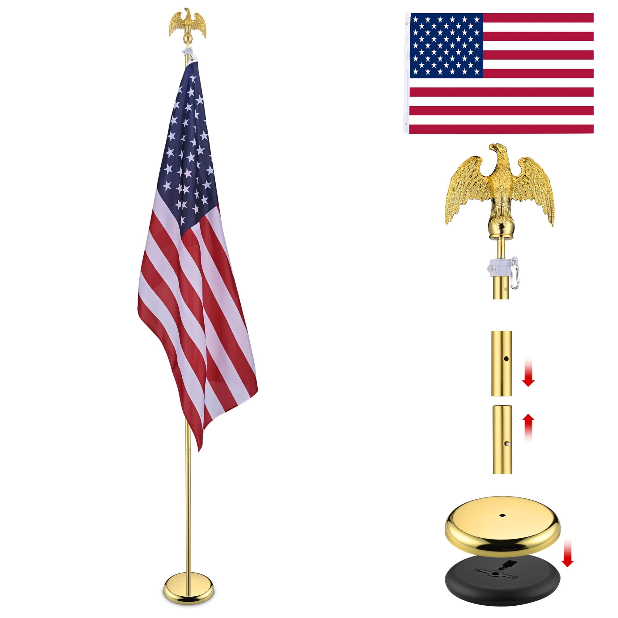 Yescom 8FT Indoor FlagPole Kit, US Flag set with Eagle Topper & Base ...