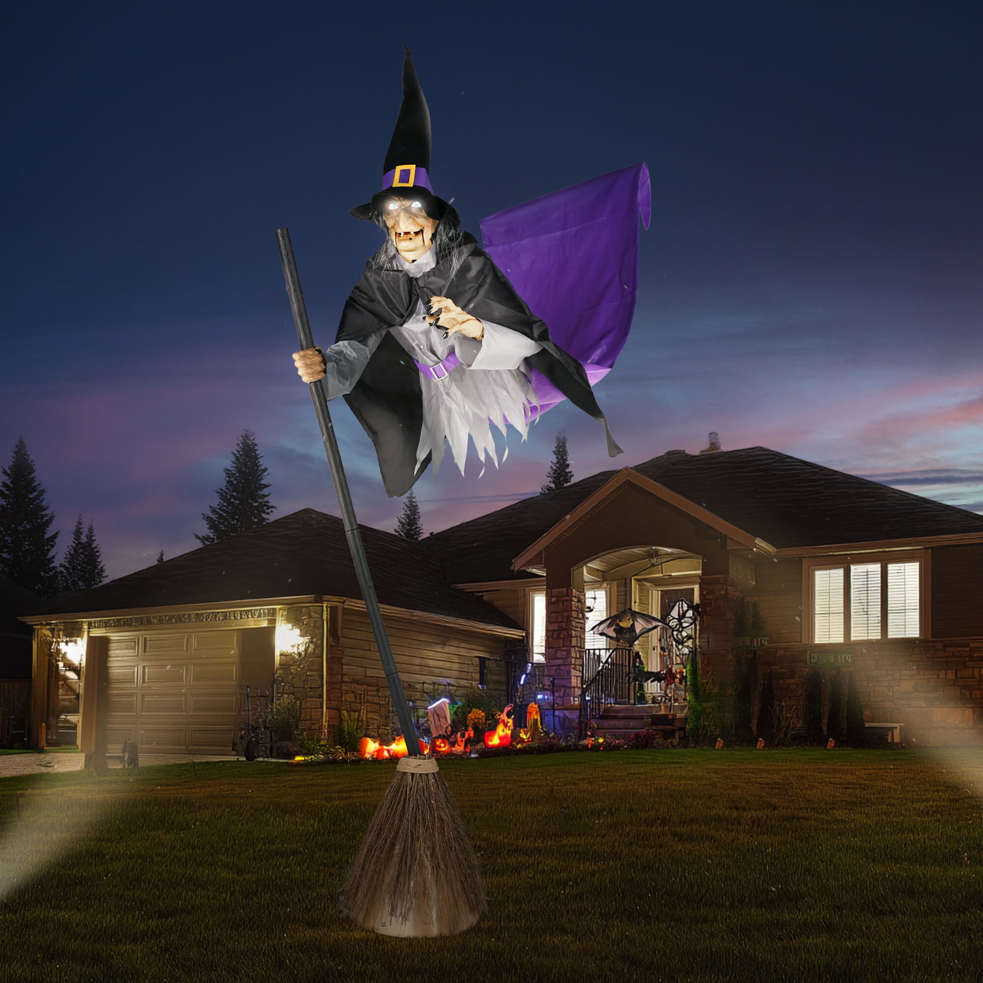 Yescom 9Ft Animatronics Flying Witch Hovering Broom Animated Halloween ...