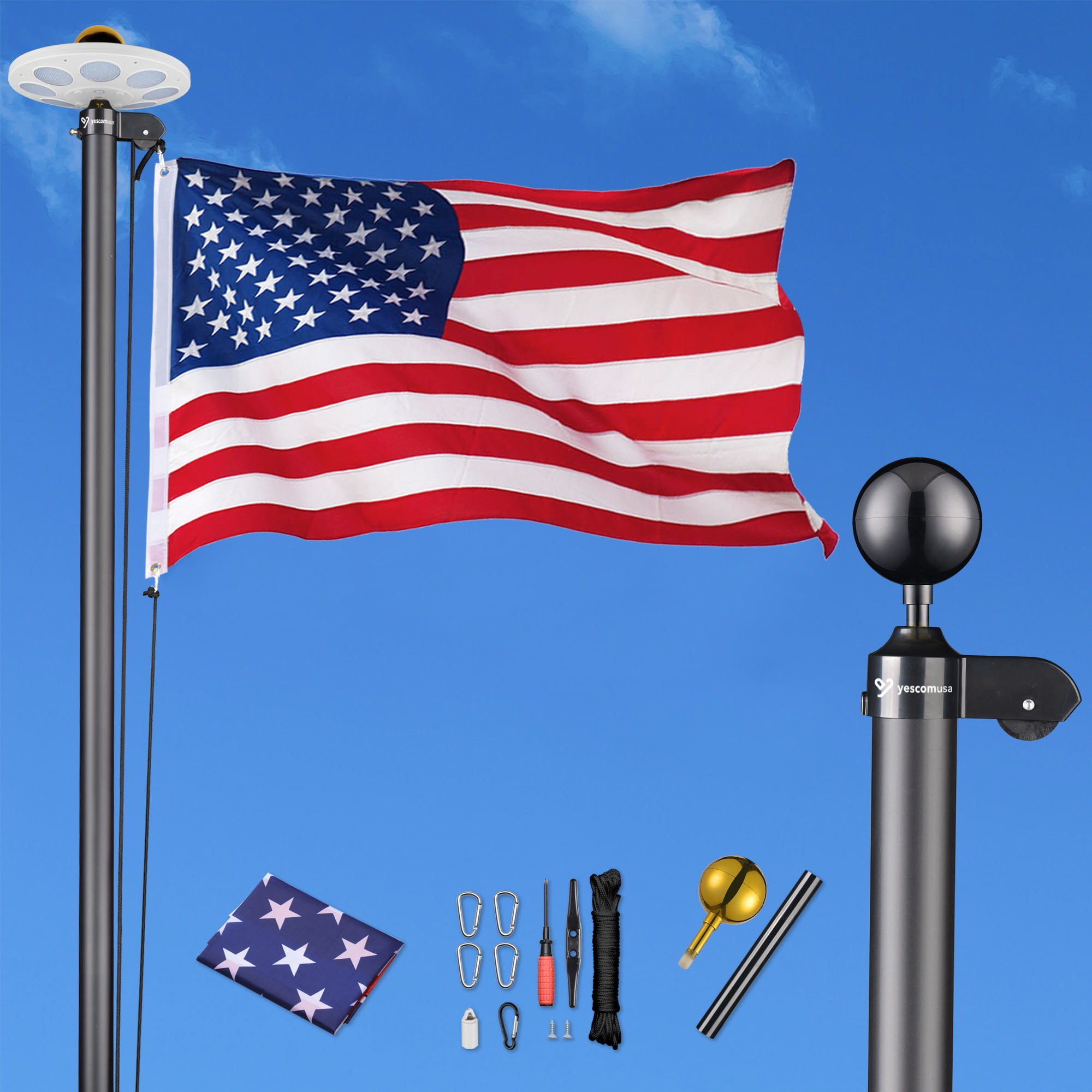 Yescom Black 20Ft Sectional Flag Pole Kit with 136 LED Solar Light set ...