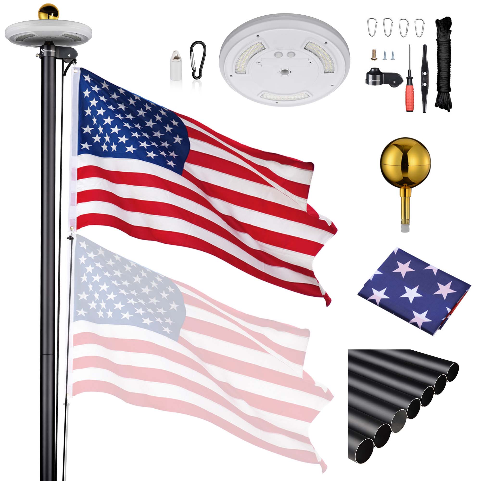 Yescom Black 25Ft Sectional Flag Pole Kit with 111 LED Solar Light set ...