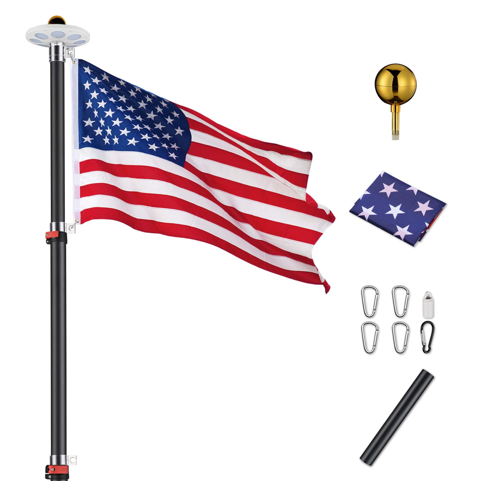 Yescom 30Ft Telescoping Adjustable Flagpole Kit with 136 LED Solar ...
