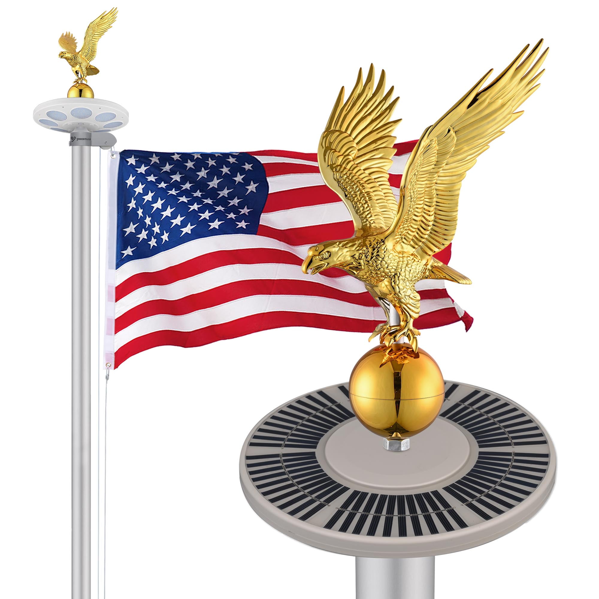 Yescom Bravery 20ft 13 Gauge Sectional Flag Pole Kit with Solar Powered ...