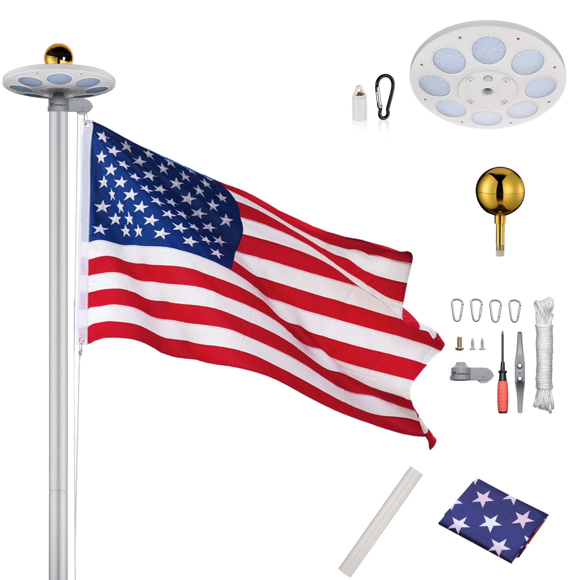 Yescom 25 Ft Upgraded Aluminum Flagpole Kit with 3'x5' US Flag & 136 ...