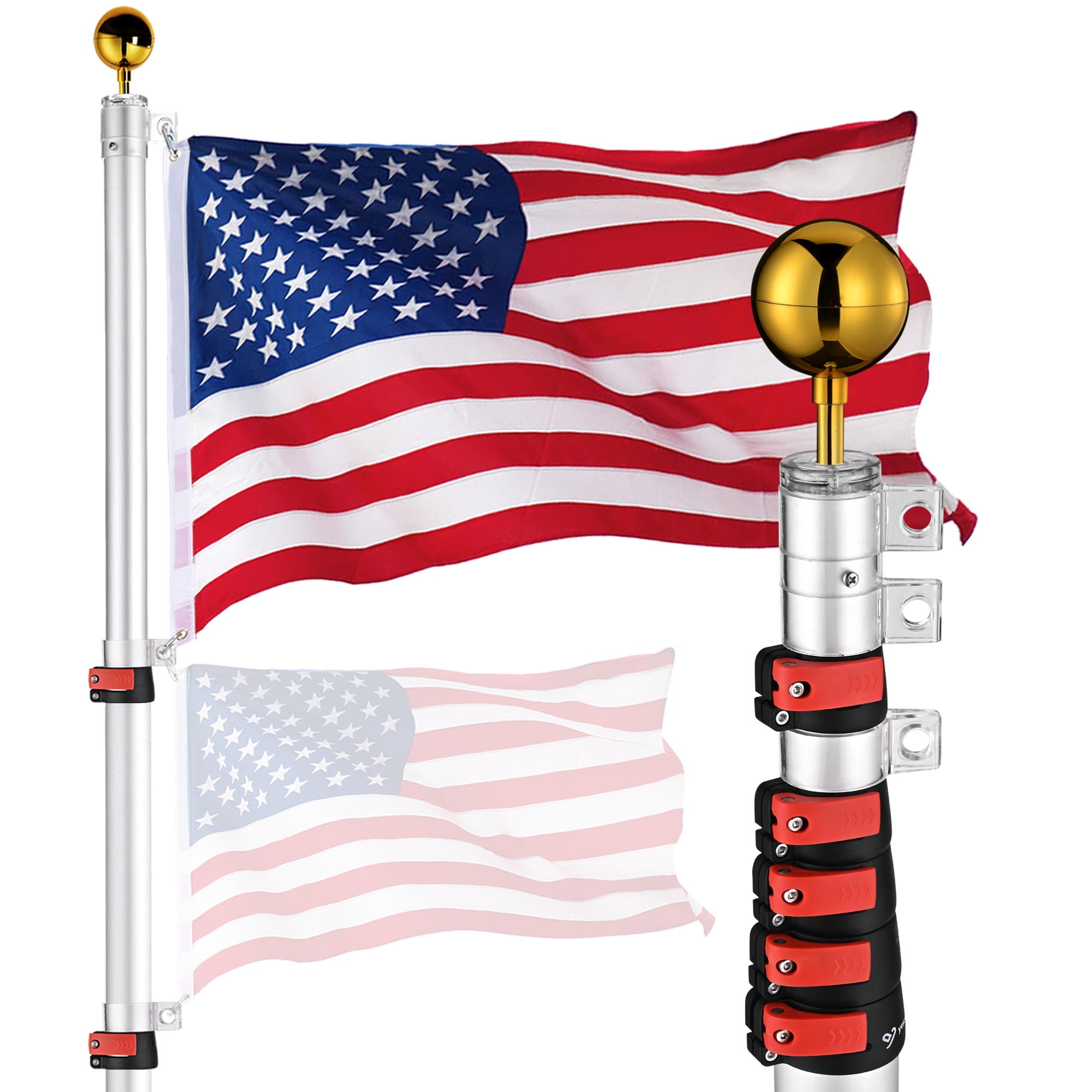 Yescom 20' Adjustable Telescopic Aluminum Flag Pole Kit, 16 Gauge, with ...