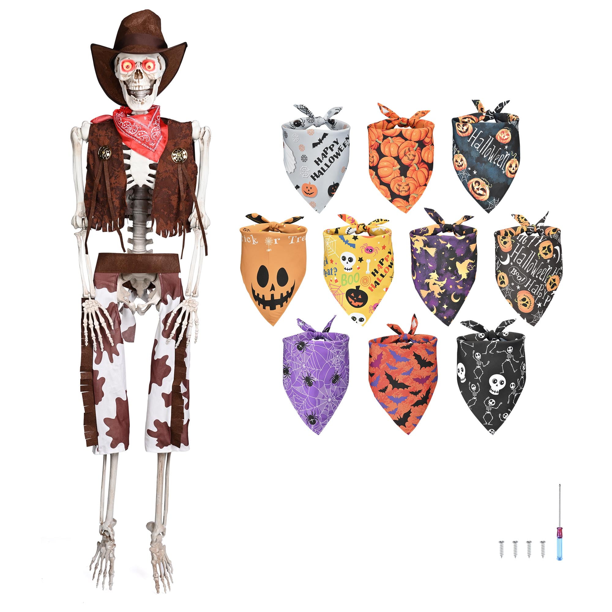 Yescom Life Size Cowboy Skeleton 5.4Ft with Glowing Eyes & Bandanas Kit ...